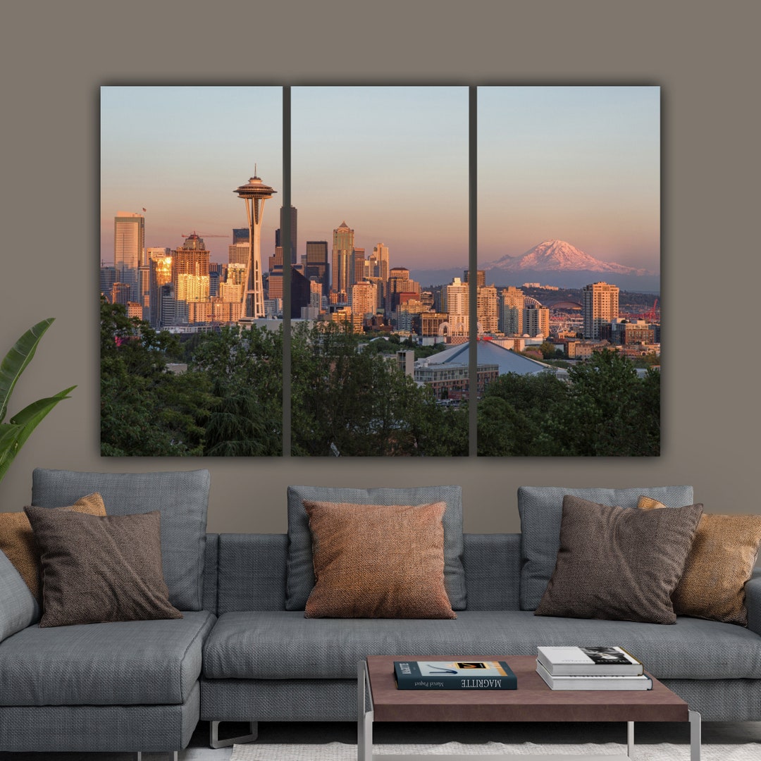 Seattle Skyline Mt. Ranier Artwork, Large Canvas Wall Art Seattle ...