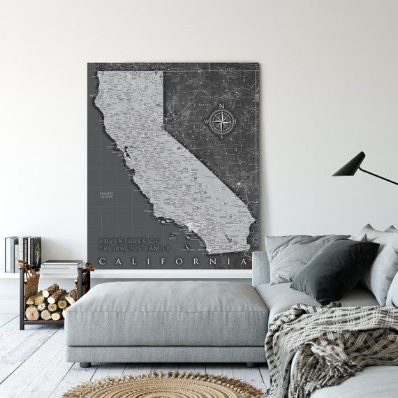 Grey California Push Pin Map Canvas California Office Wall | Etsy
