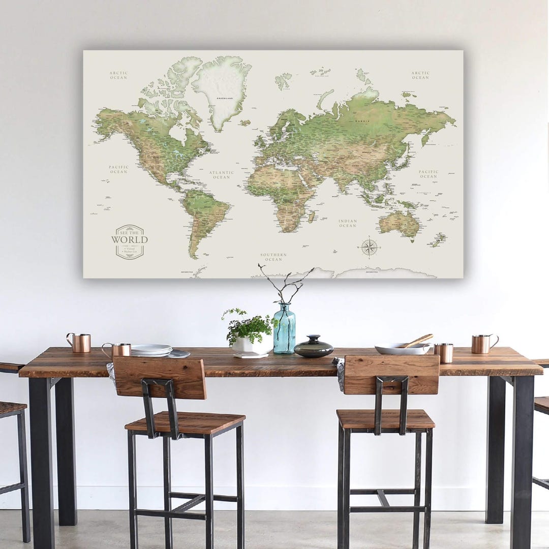 Terrain World Push Pin Map - Cream on Premium Canvas With Personalized ...