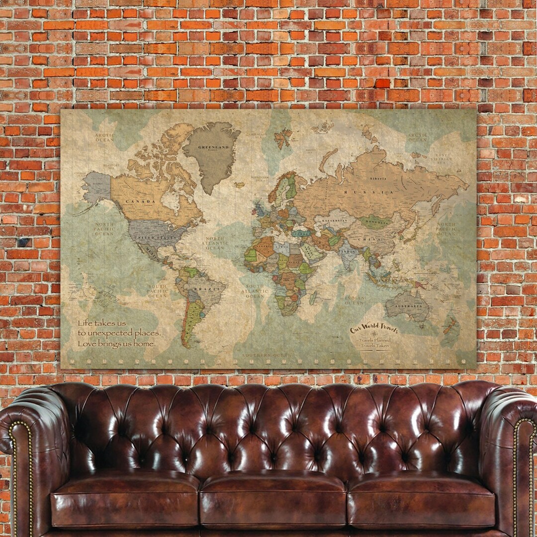 Push Pin Travel Map of World, Customized Map Framed One Panel, Vintage ...