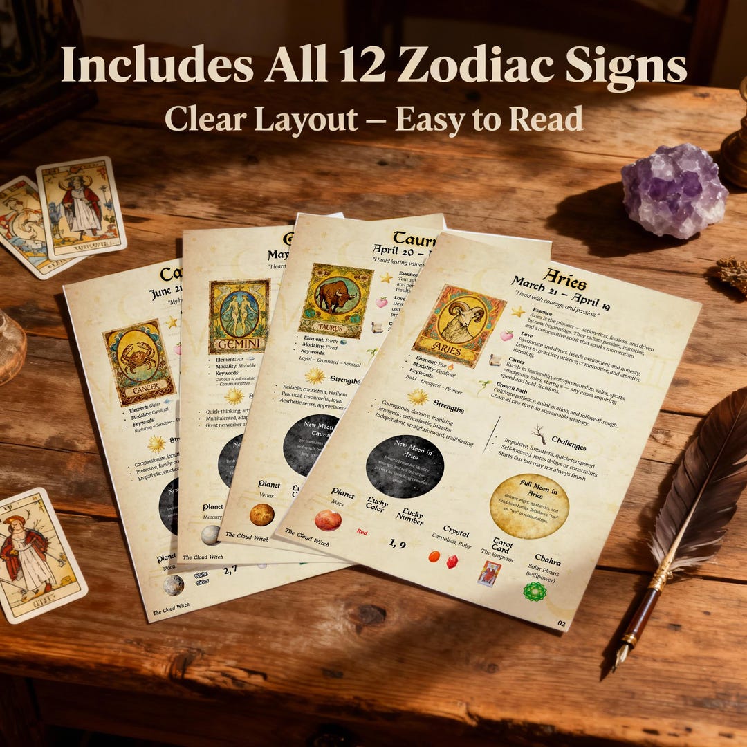 Zodiac Cheat Sheet | Astrology Reference Guide | 12 Zodiac Signs ...