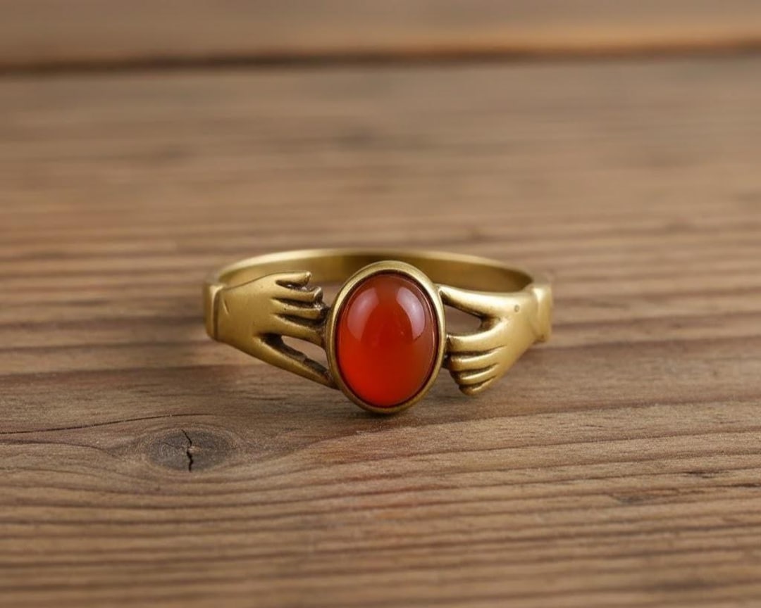 Red Carnelian Claddagh Ring, Gold Brass Hand Holding Ring, Adjustable ...