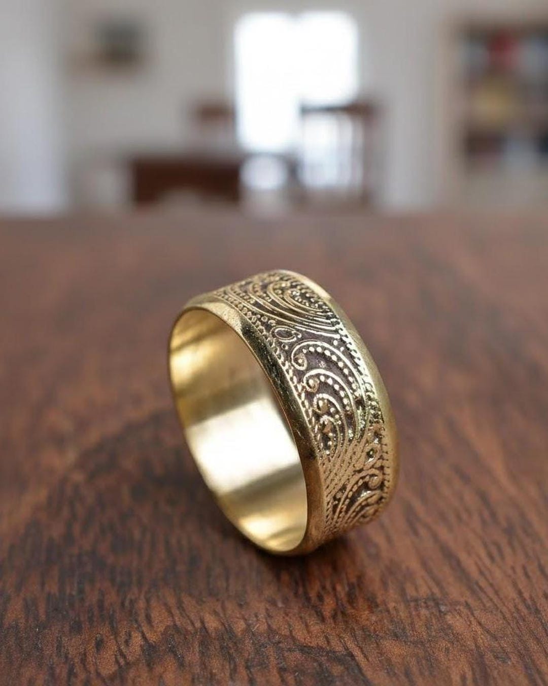 Boho Brass Ring, Wide Band With Etched Floral Design, - Etsy