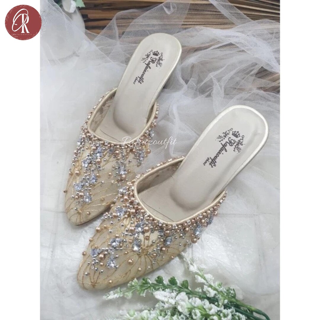 Gold Embroidered Beaded Mules, Elegant Bridal Slip-on Heels - Etsy