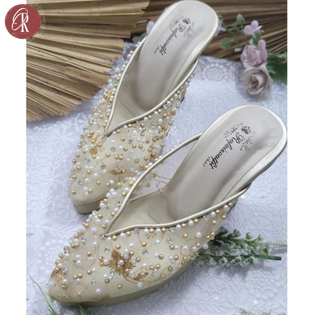 Elegant Gold Embroidered Bridal Heels – Pearl Beaded Mesh Wedding Shoes ...