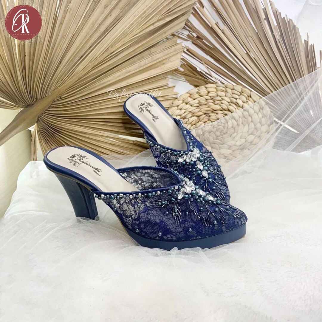 Navy Blue Lace Bridal Mules, Beaded Wedding Heels, Women Shoes - Etsy
