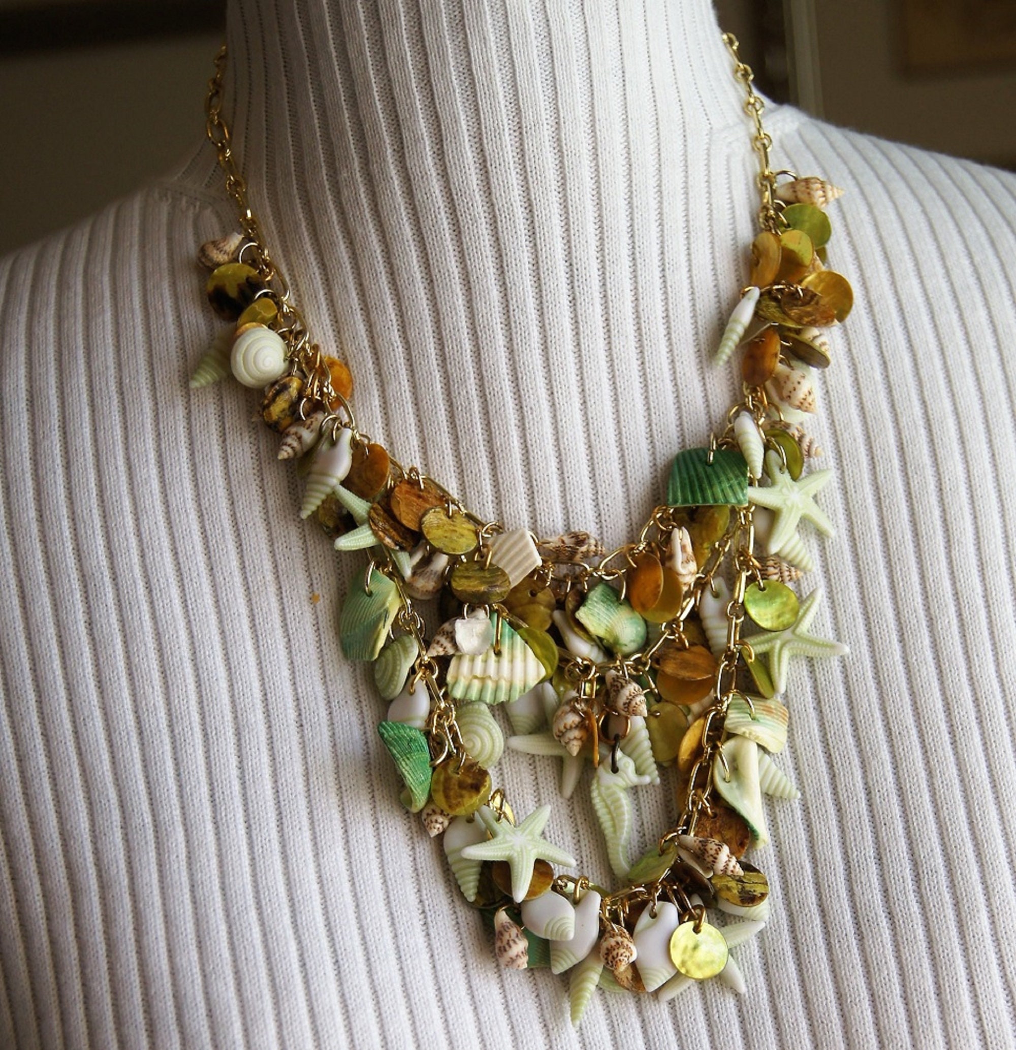 PEEKABOO SEA GREEN Triple Strand Shells & Charms Necklace - Etsy