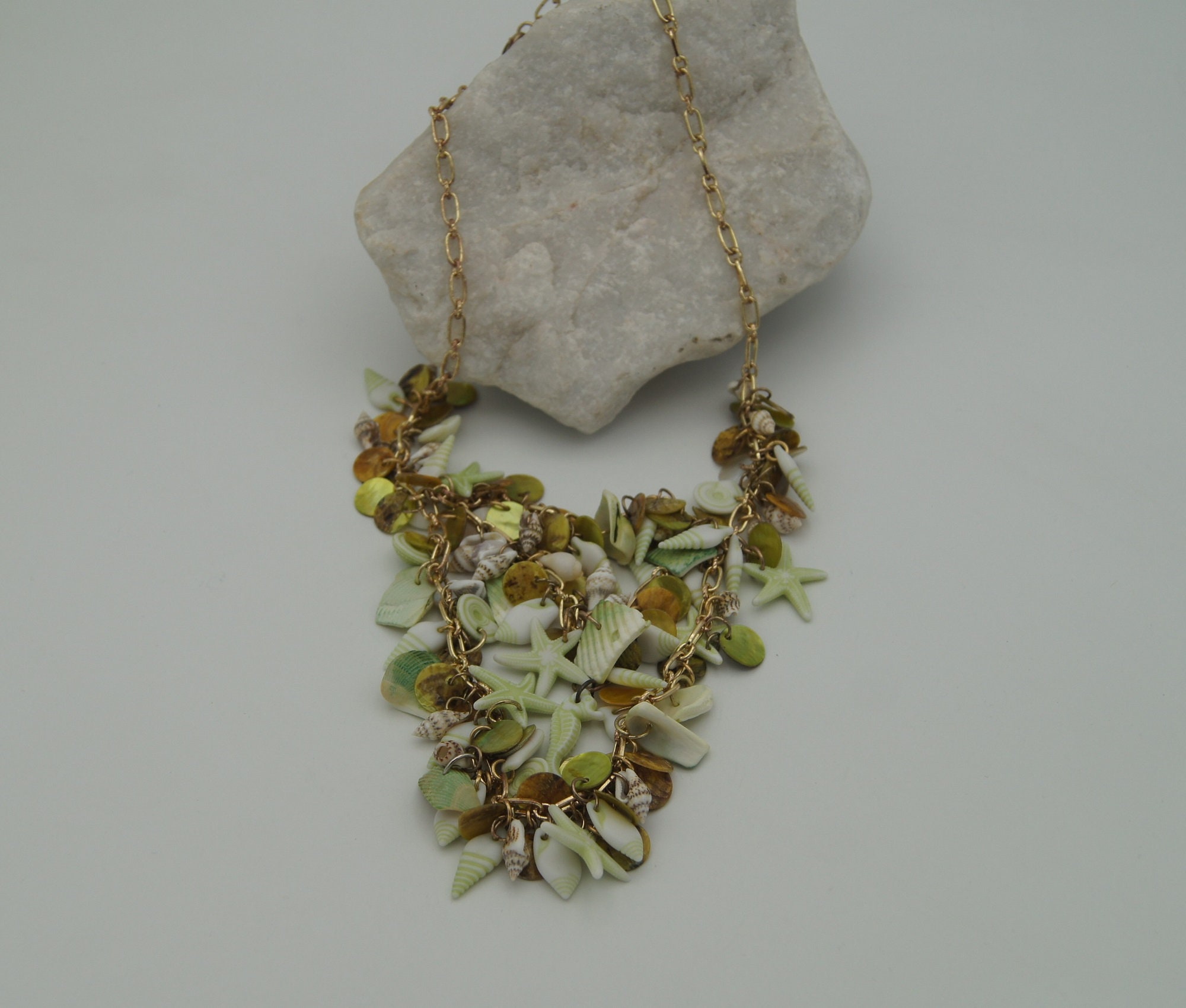 PEEKABOO SEA GREEN Triple Strand Shells & Charms Necklace - Etsy
