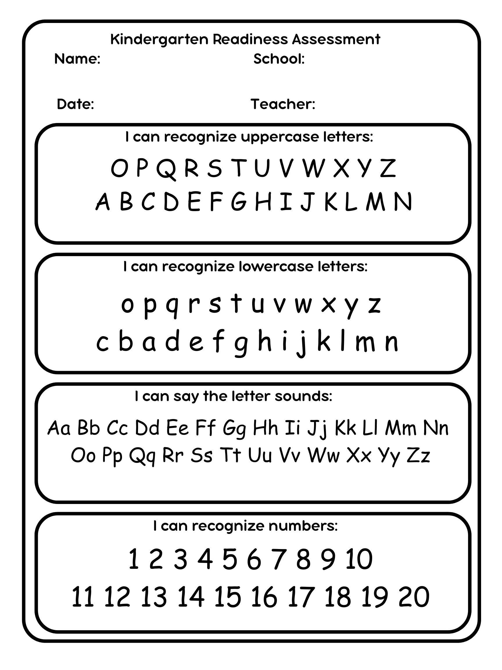 Kindergarten Readiness Assessment | Printable Preschool Evaluation ...