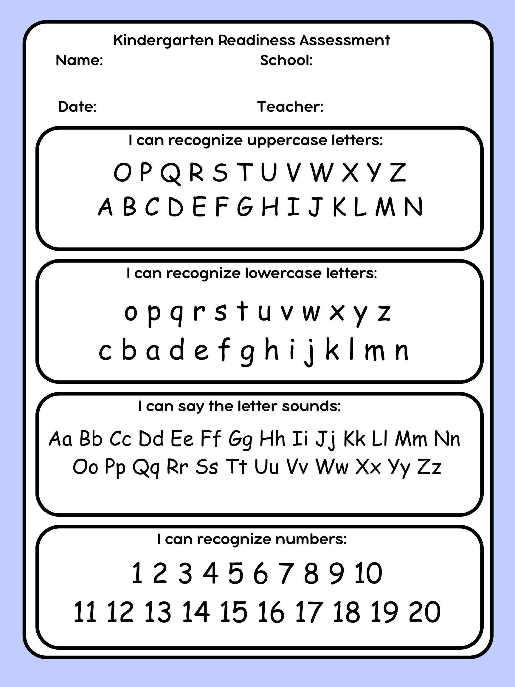 Kindergarten Readiness Assessment | Printable Preschool Evaluation ...