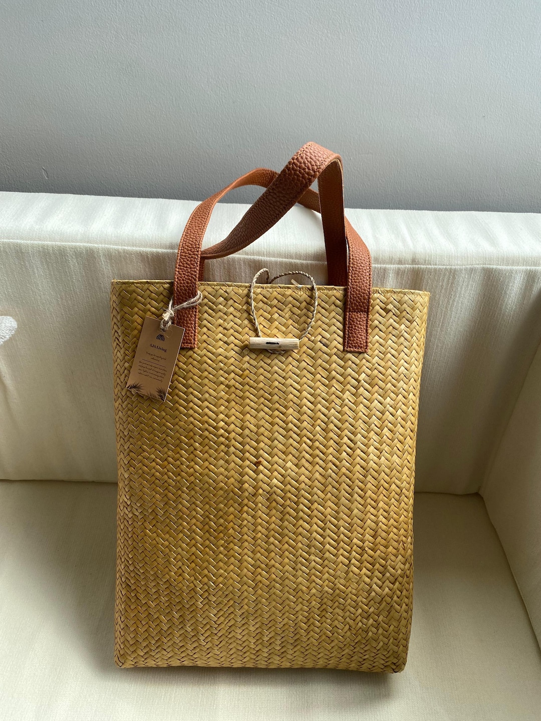 Pandan Woven Tote Bag: Bali Boho Fiber Bag With Leather Handles - Etsy
