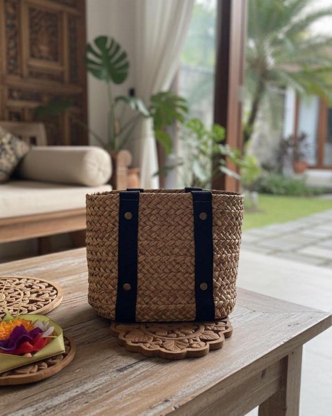 Mendong Woven Bag: Bali Seagrass Market Tote With Black Straps - Etsy