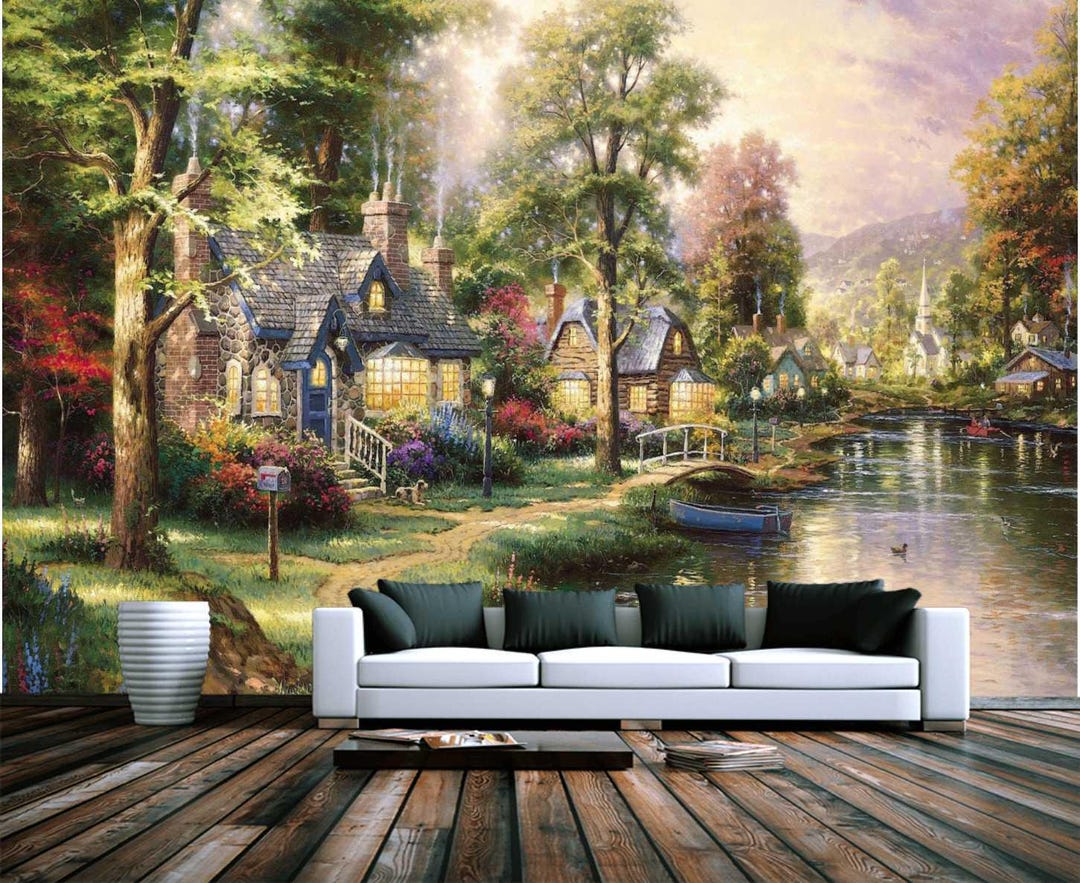 Hometown Lake View Wallpaper: Church, Chimney House - Removable or ...