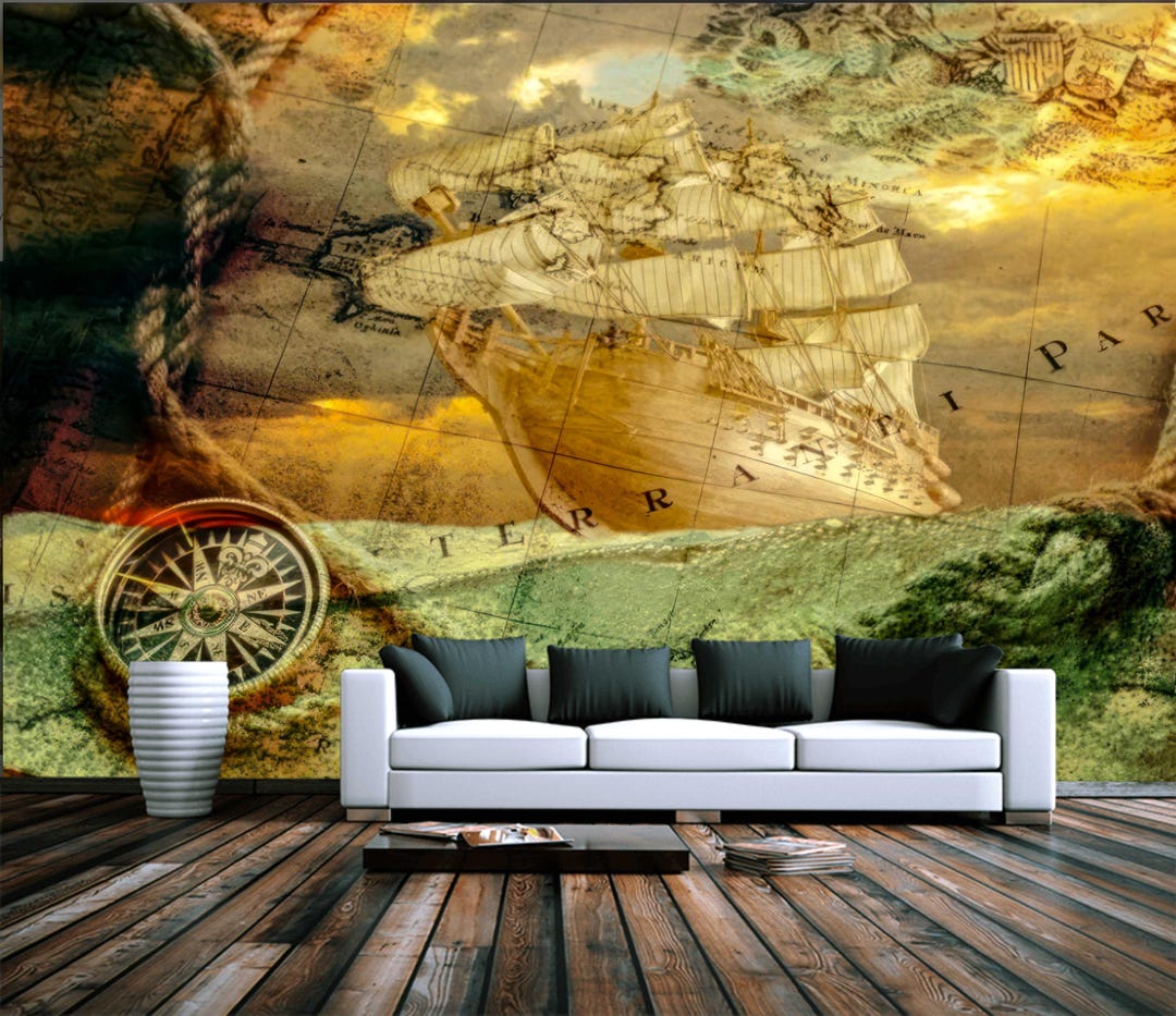 Nautical Sailing Ship Wallpaper: Compass Theme, Removable Peel & Stick ...