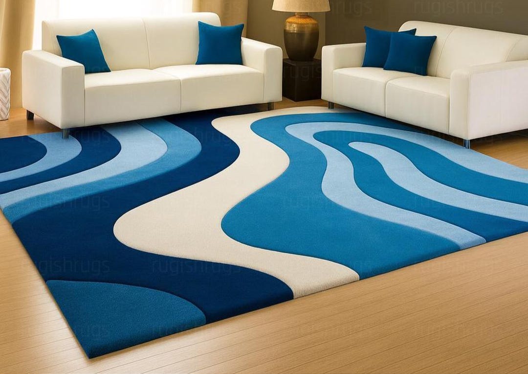 Modern Blue Wave Area Rug | Abstract Ocean Inspired Carpet ...