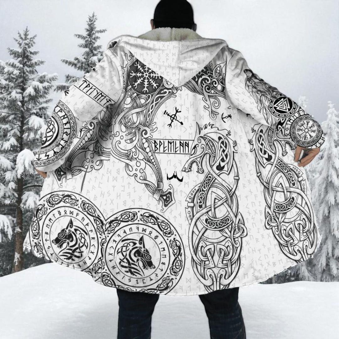 White Viking Rune Hooded Cloak, Norse Mythology Sherpa Coat, Celtic ...