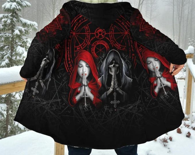 Gothic Prayer Hooded Cloak, Dark Red Nun Fantasy Coat, Occult Symbol ...