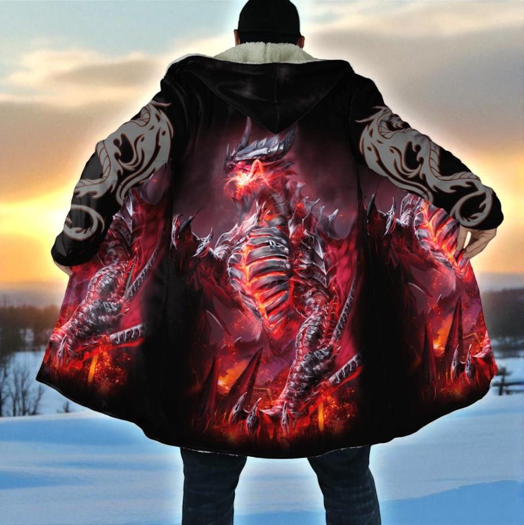 Fire Dragon Cloak Hoodie, Red Flame Sherpa Coat, Fantasy Warrior Hooded ...
