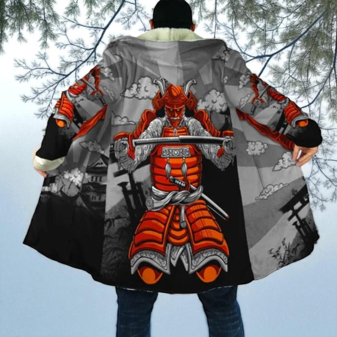 Samurai Warrior Art Hooded Cloak, Red Armor Graphic Hooded Coat ...