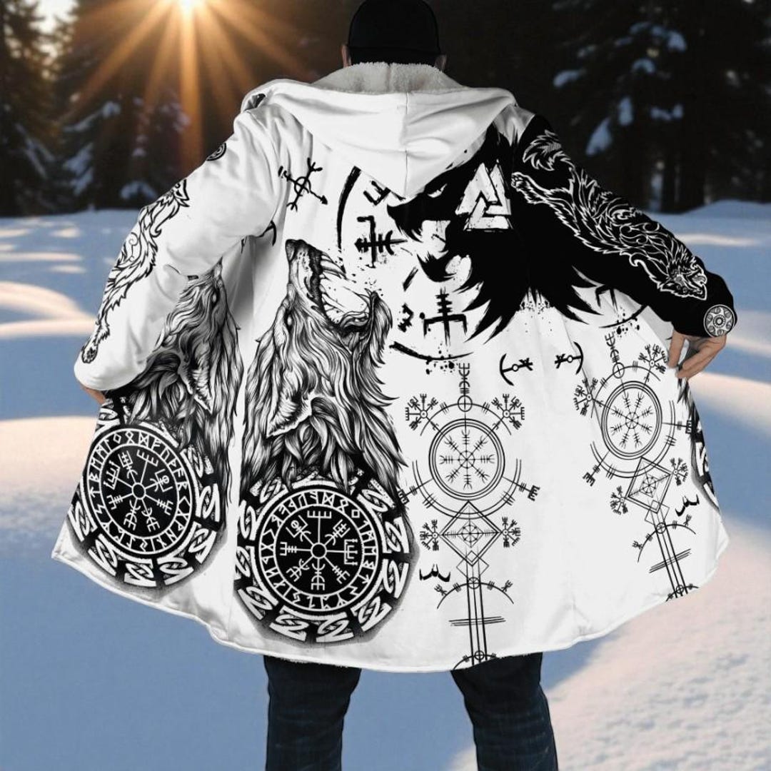 Norse Wolf Art Hooded Cloak, Rune Symbol Hooded Coat, White Graphic ...