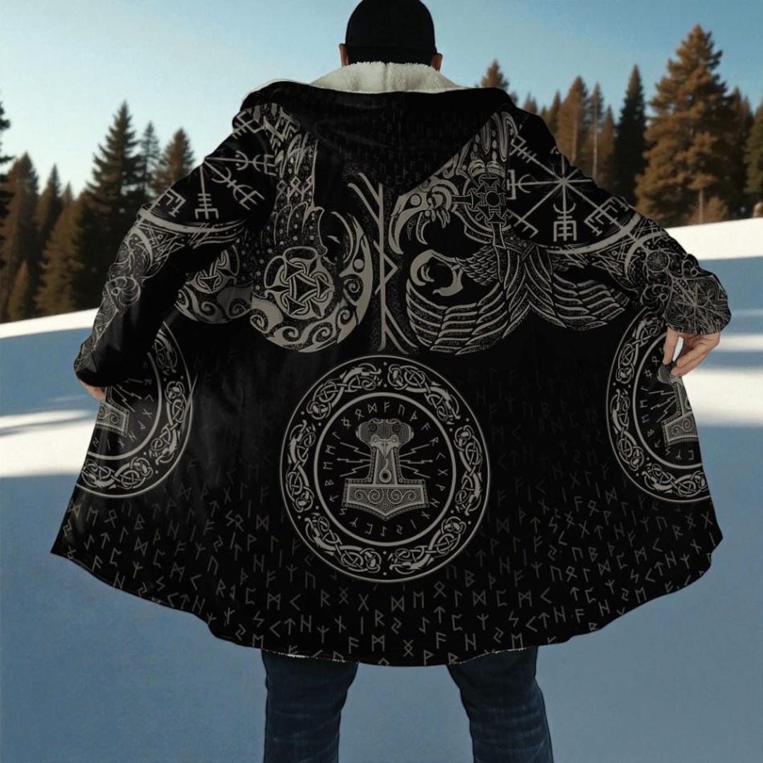 Norse Rune Symbol Hooded Cloak, Hooded Coat, Knotwork Graphic Jacket ...