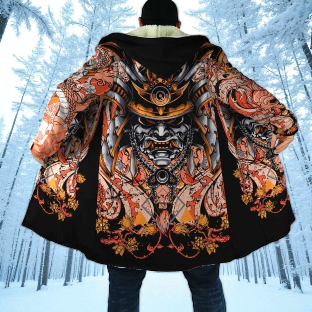 Samurai Warrior Cloak Hoodie, Japanese Armor Sherpa Coat, Dragon Art ...