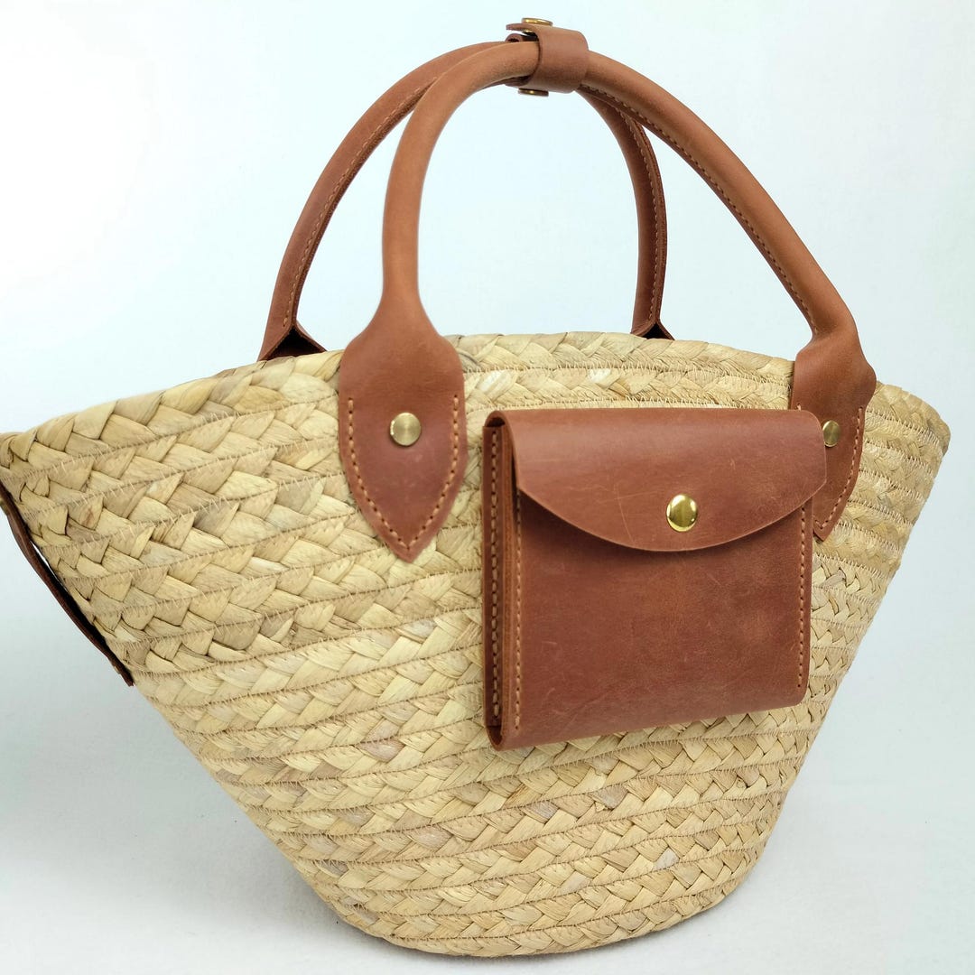 Handwoven Palm Leaf Tote Bag Cognac Leather Handles, Beach Market Purse ...