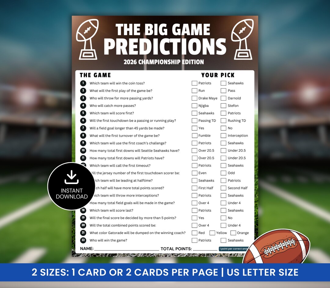 Football Prediction Game, 2026 Super BIG Game, Printable Super Fun Prop ...