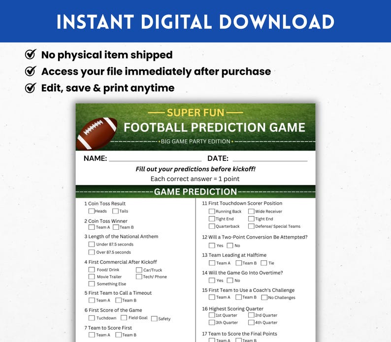 Super Football Bowl Prediction Game, Big Game 2026, Watch Party Game ...