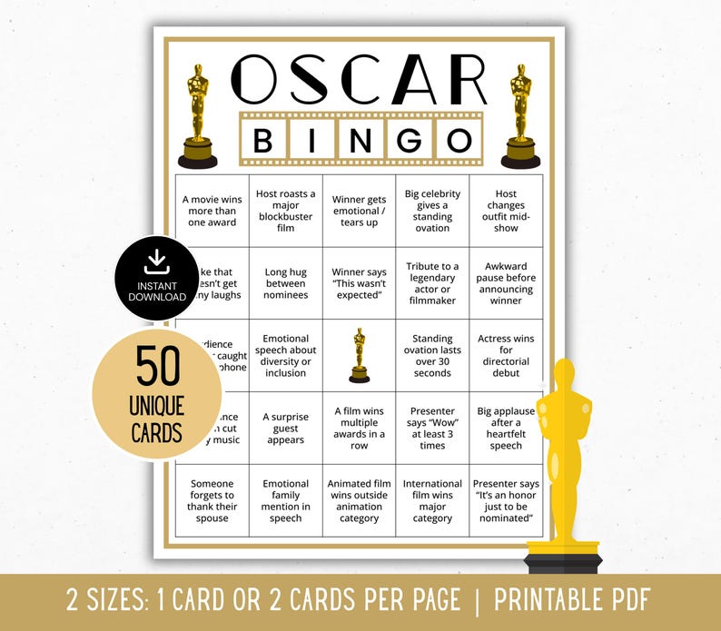Oscars Bingo Game, 2026 Oscars Bingo Cards, Academy Awards Party Games ...