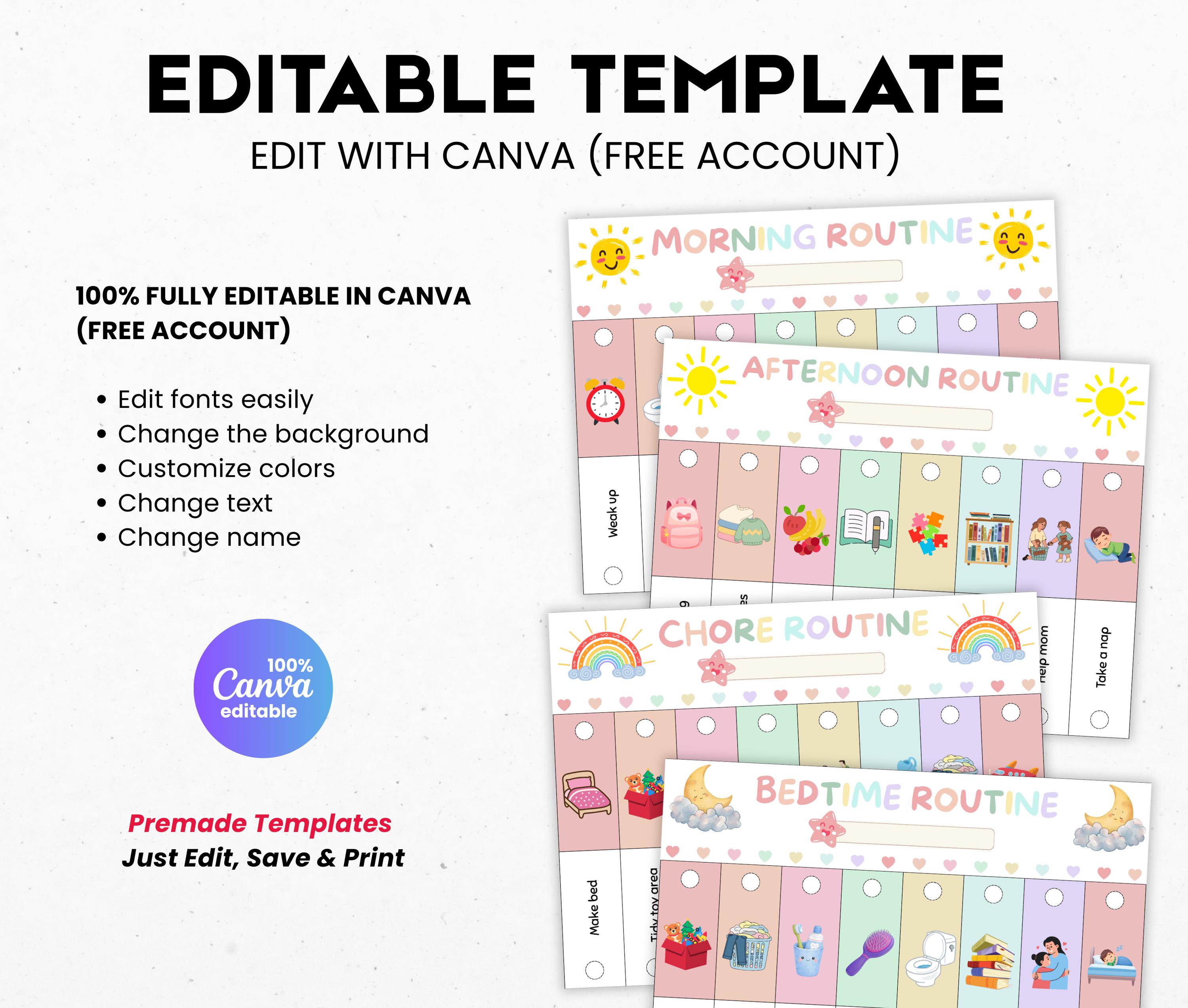 Printable Kids Flip Routine Chart, Editable Morning Evening Bedtime ...