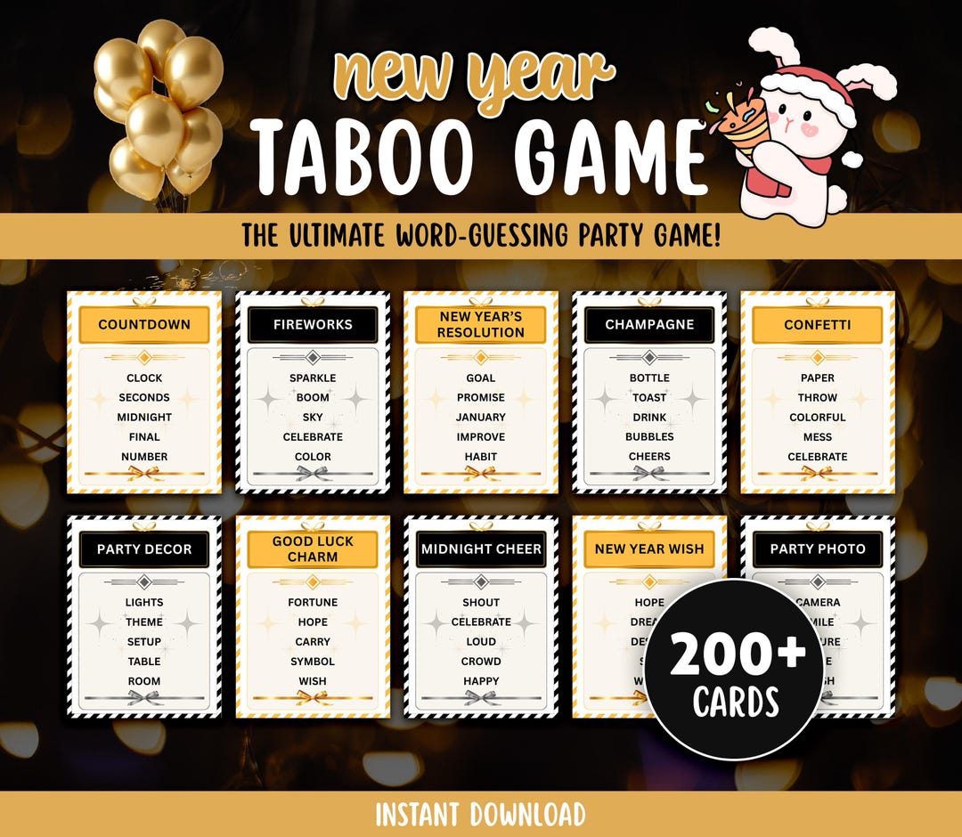 New Years Taboo, Printable Taboo Cards, Forbidden Words New Year's Eve ...