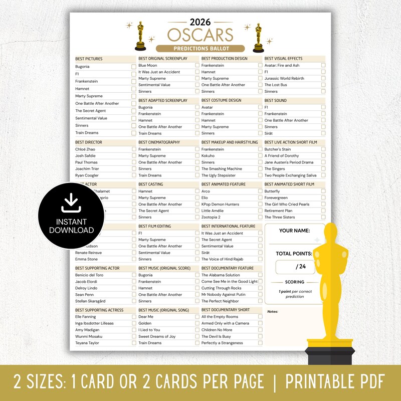 Oscars Bingo Card 2026 - Etsy