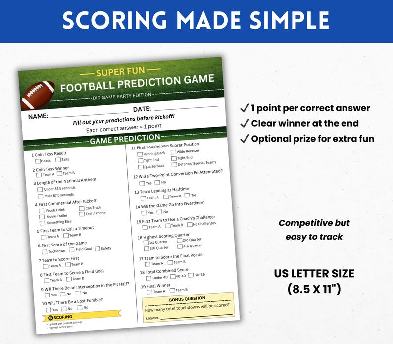 Super Football Bowl Prediction Game, Big Game 2026, Watch Party Game ...