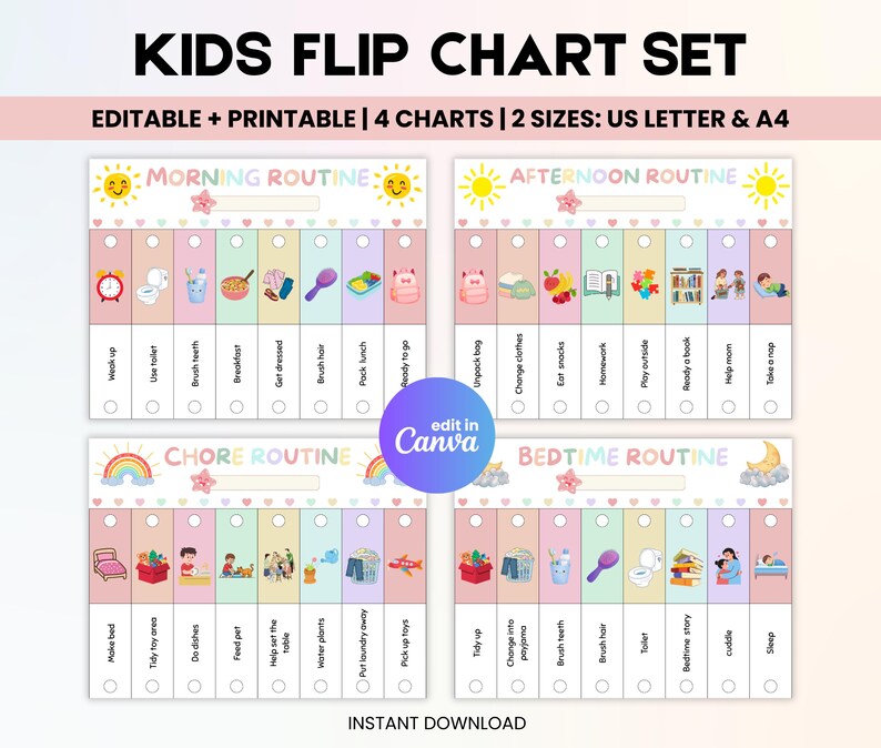 Printable Kids Flip Routine Chart, Editable Morning Evening Bedtime ...