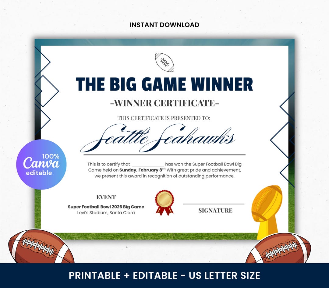Editable Football Big Game Winner Certificate Template, Printable ...