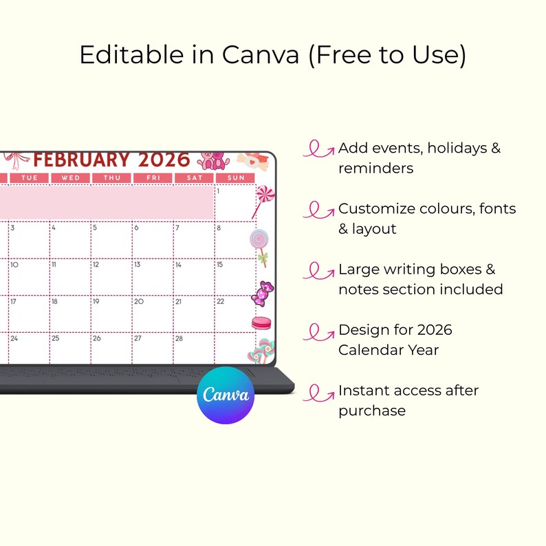 2026 Calendar Printable, Editable Calendar Template, Kids Calendar ...