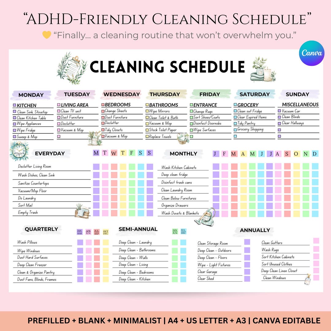 Adhd-friendly Cleaning Schedule | Weekly, Monthly Planner (PDF + Canva ...
