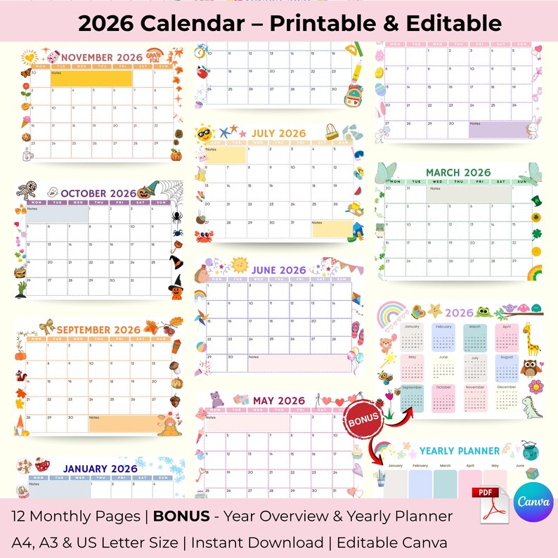 2026 Calendar Printable, Editable Calendar Template, Kids Calendar ...
