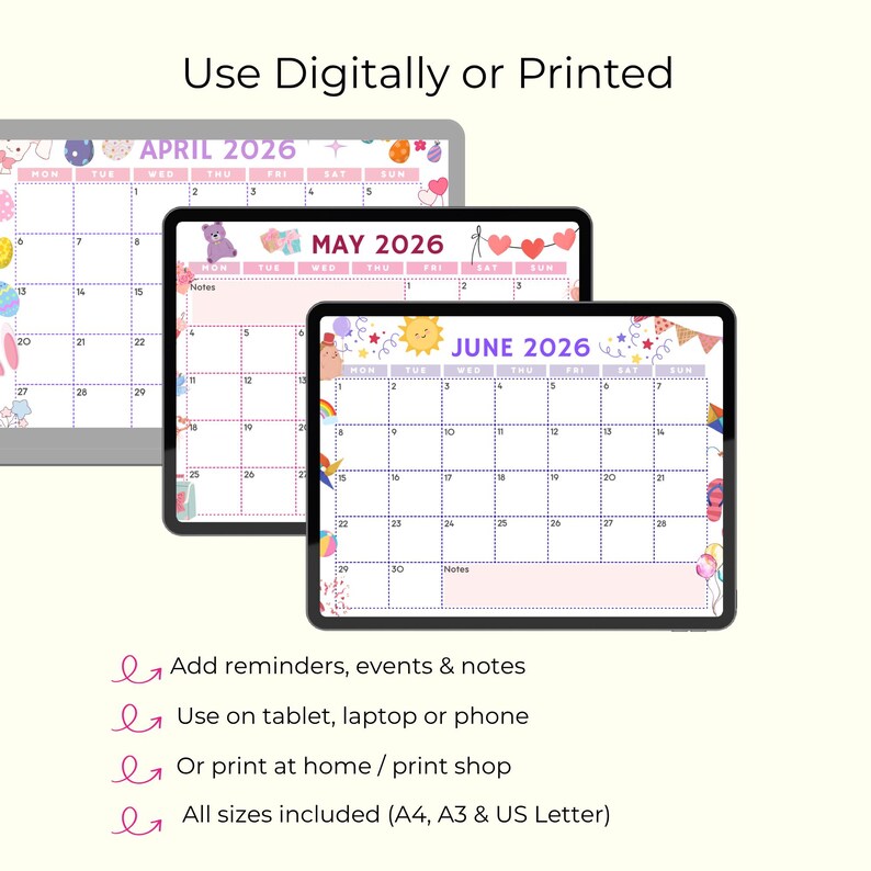 2026 Calendar Printable, Editable Calendar Template, Kids Calendar ...