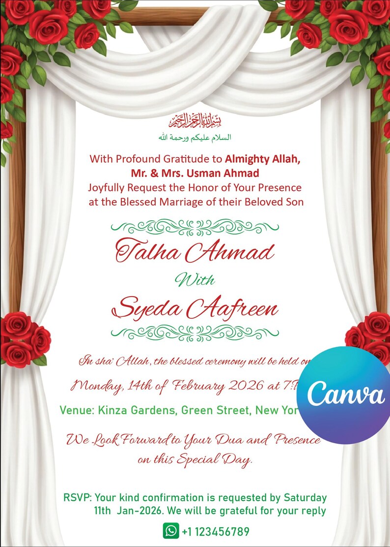 Muslim Wedding Floral Invitation, Islamic Nikah & Walima Card Template ...