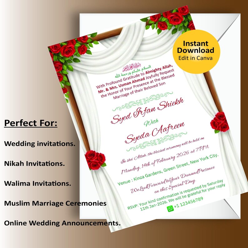 Muslim Wedding Floral Invitation, Islamic Nikah & Walima Card Template ...