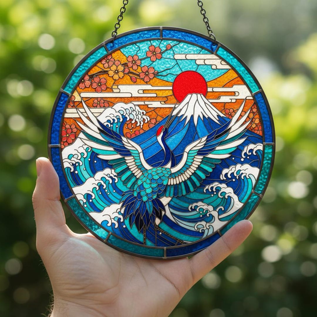Japanese Cranes Great Wave Glass Suncatcher Round Stained Glass Style ...