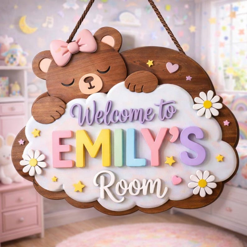 Personalized 2 Layer Wooden Name Sign for Girls Room, Cute Bear Nursery ...