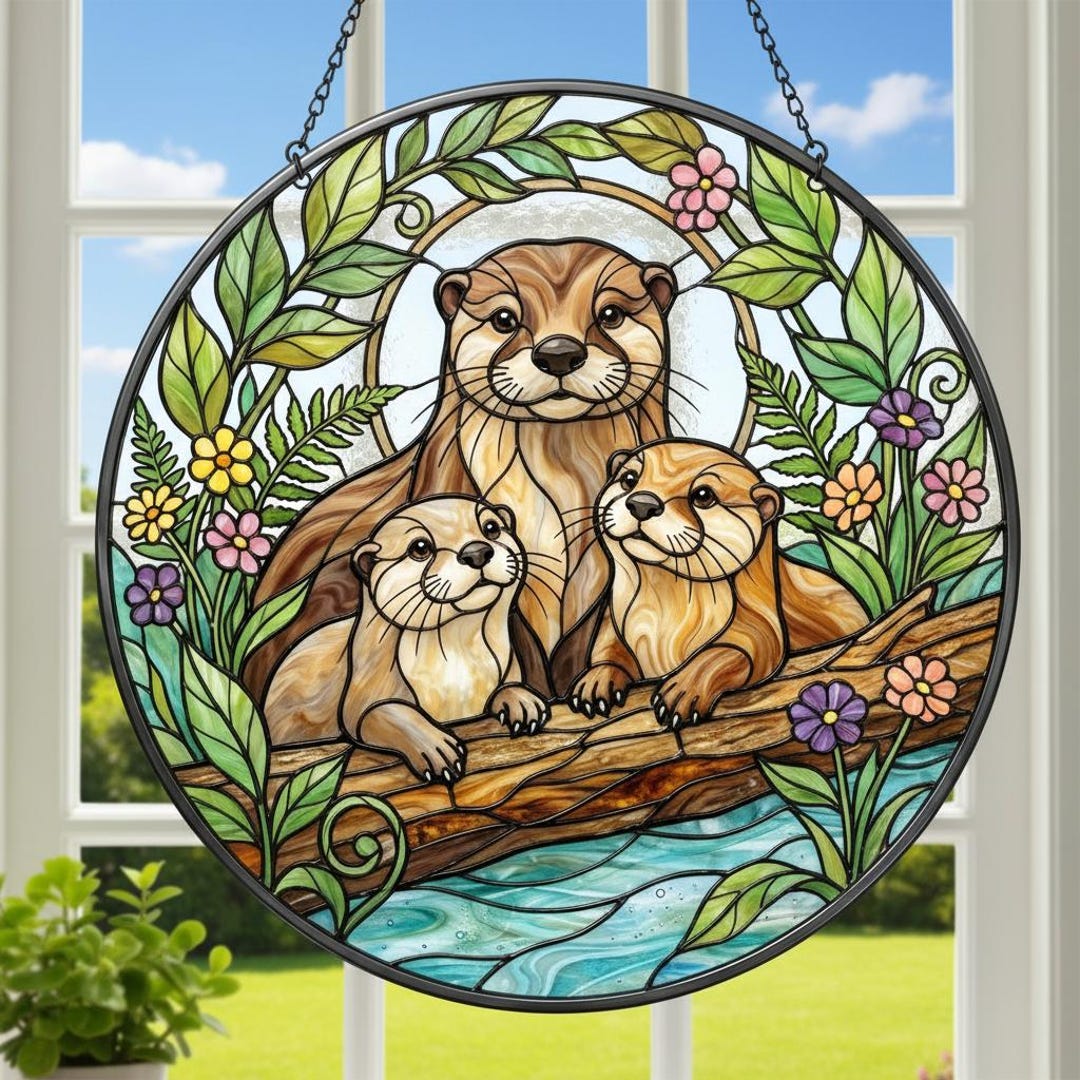 Otter Family Stained Glass Suncatcher, Window Hanging Art, Cute Otters ...