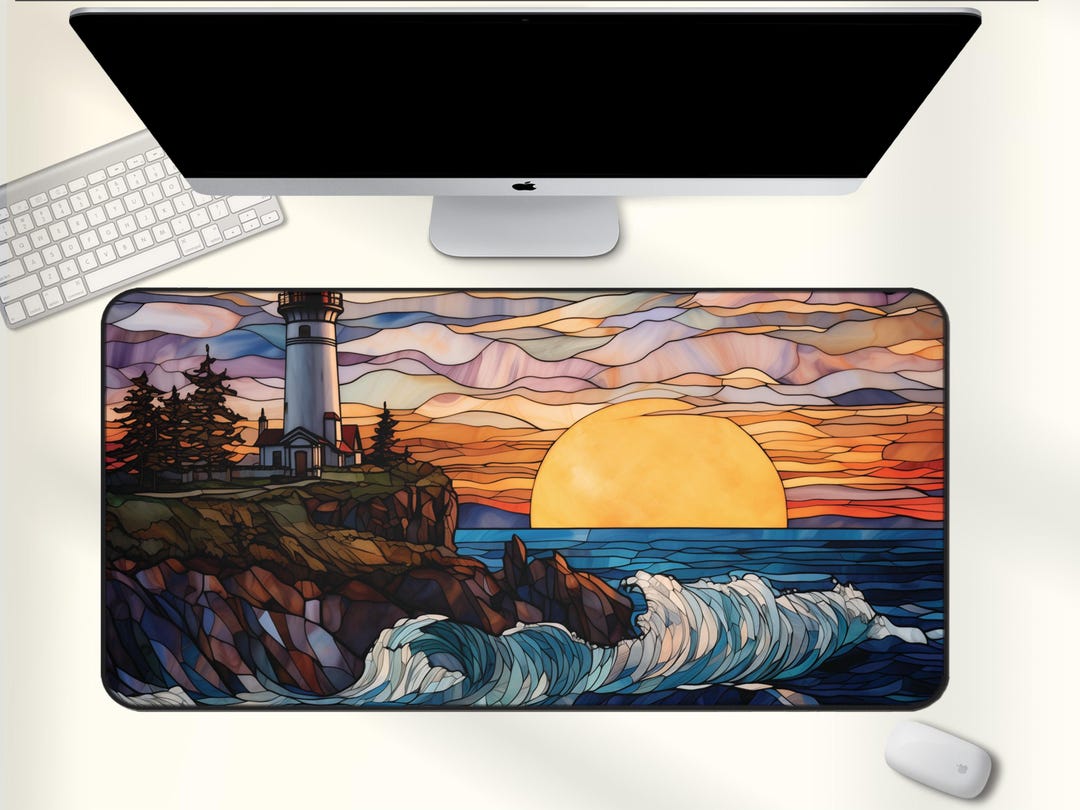 Ocean Sunset Lighthouse Desk Mat, Stained Glass Effect Wave Mouse Pad ...