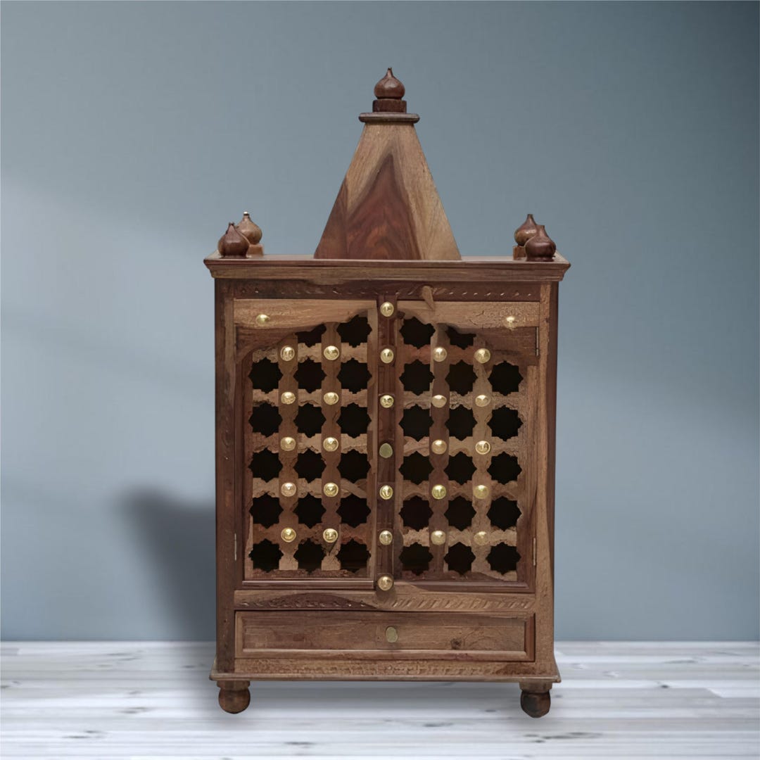 Handcrafted Wooden Pooja Mandir | Solid Wood Temple With Doors & Drawer ...