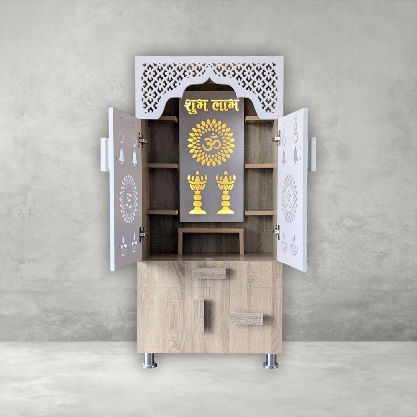 Modern Wooden Pooja Mandir With Doors | Engineered Wood Temple With ...
