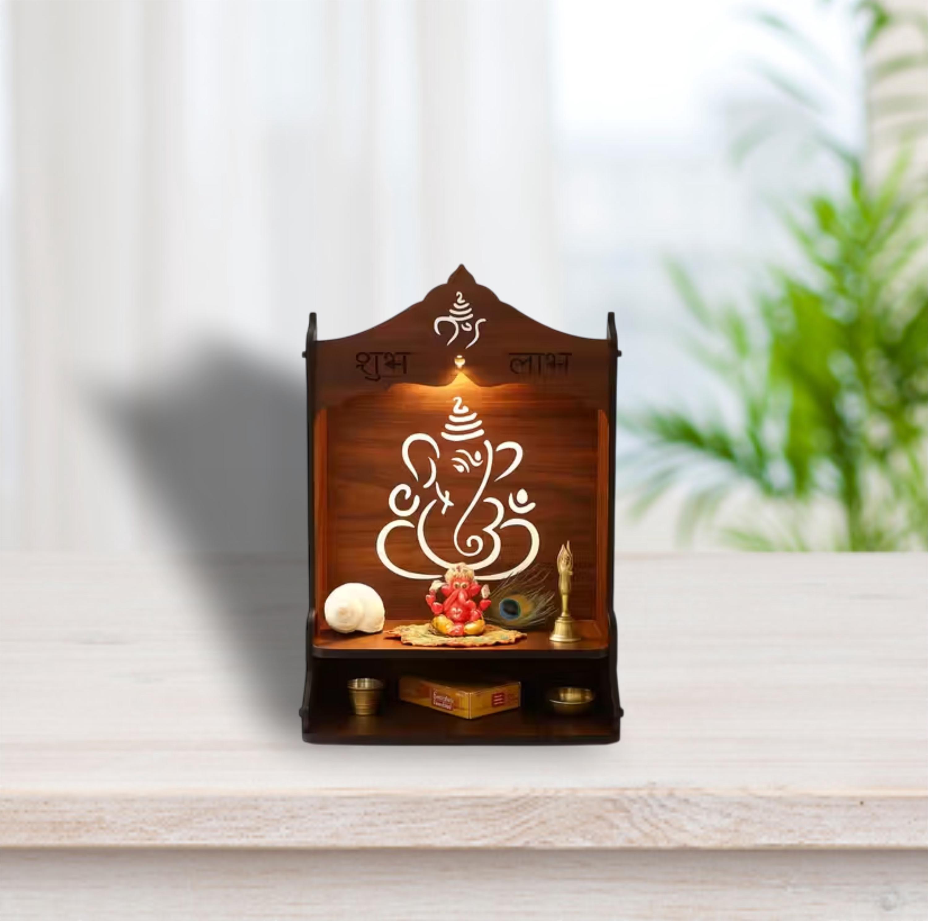 Wooden Pooja Mandir With Ganesh Ji Engraving & LED Light | Shubh Labh ...