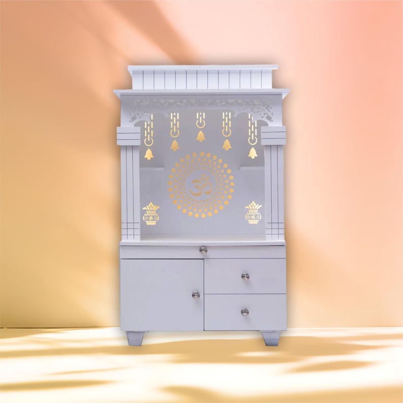 Handmade Wooden Temple for Home | White Solid Wood Pooja Mandir | LED ...